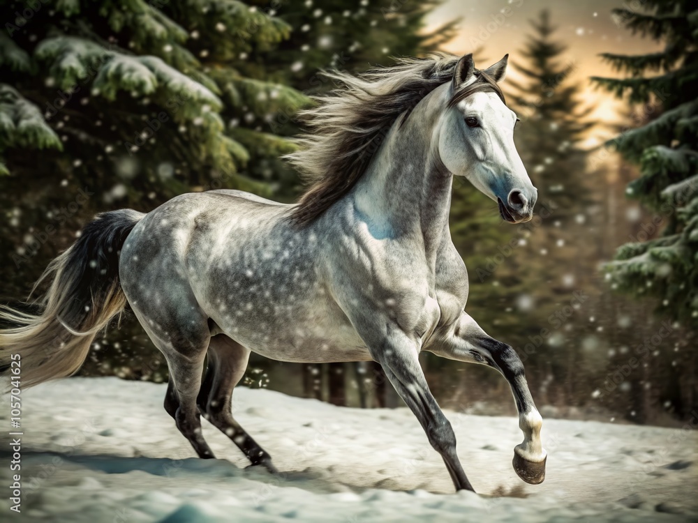 Dappled Grey Andalusian Horse Galloping in Winter Snow - Majestic ...