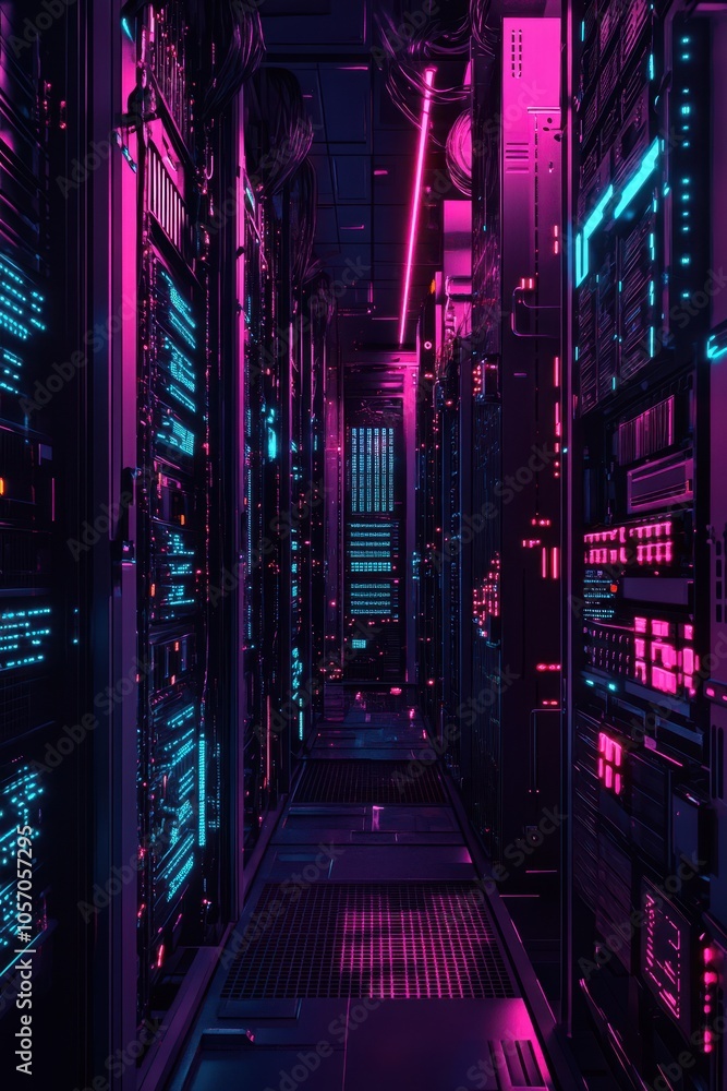 An AI data center featuring secure server racks illuminated by neon ...