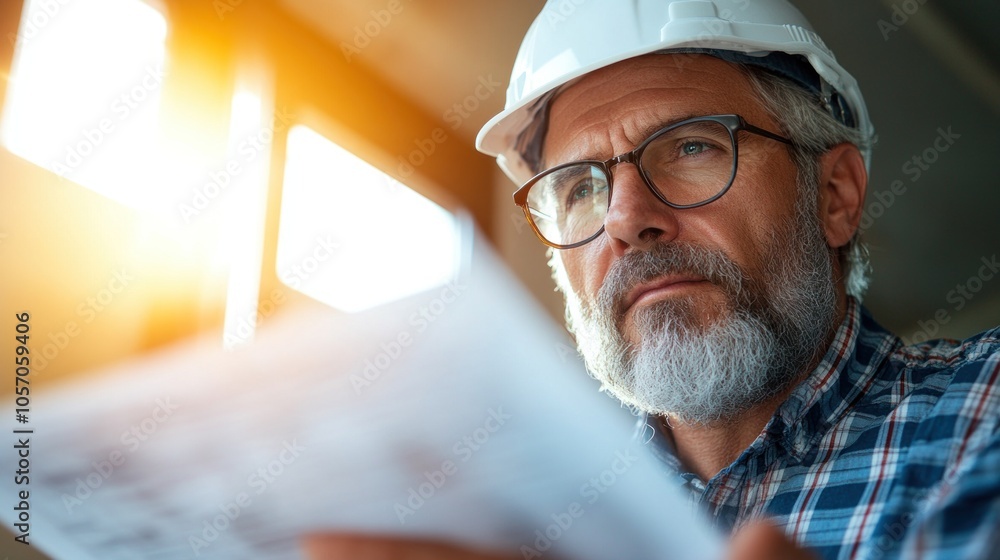 A seasoned construction worker studies detailed project plans with ...