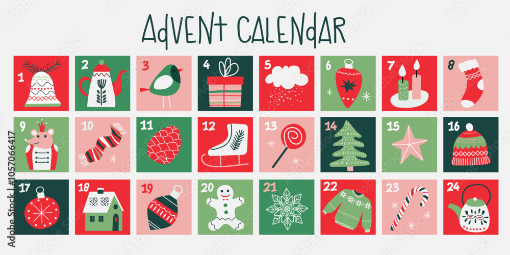 December advent calendar with hand drawn elements. Christmas poster ...