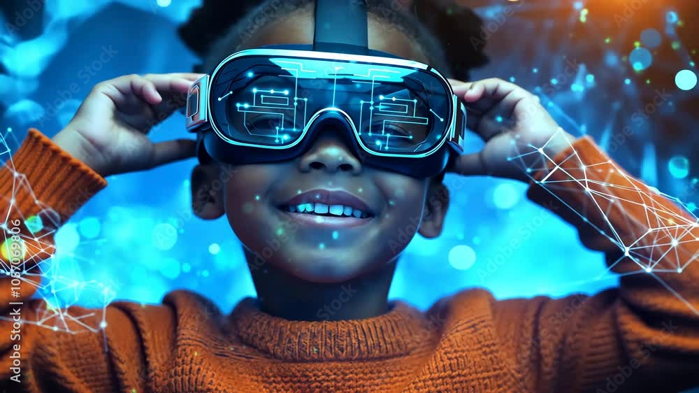 A joyful child wearing futuristic VR goggles with a holographic ...