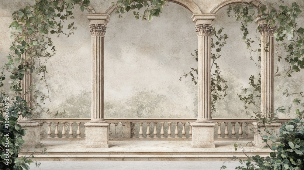 Wallpaper with scenes of Roman architecture and vines, creating a ...