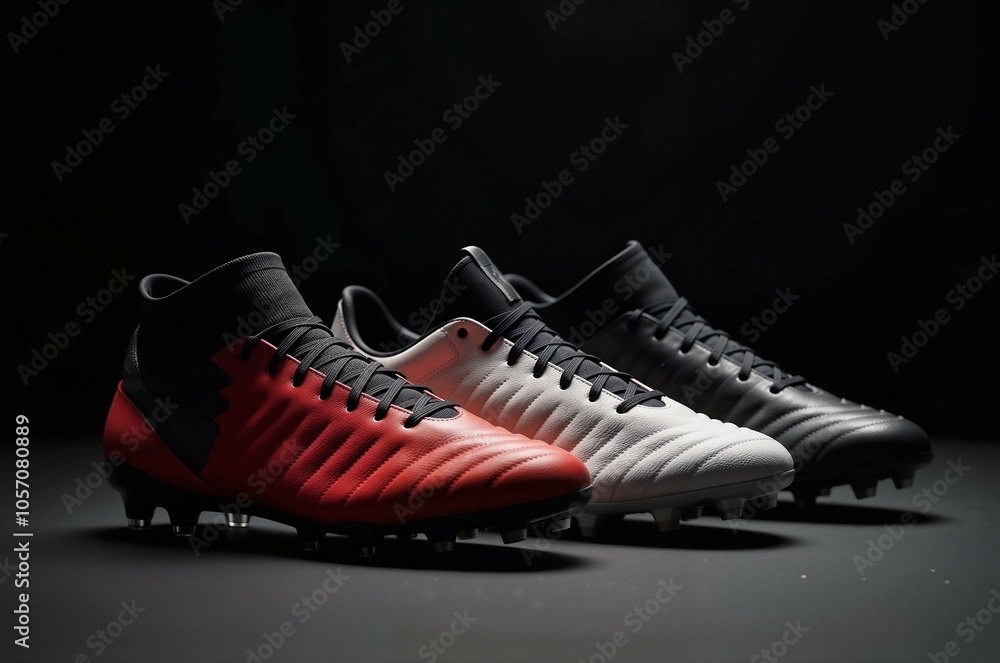Three pairs of soccer cleats sit next to each other on black Stock ...