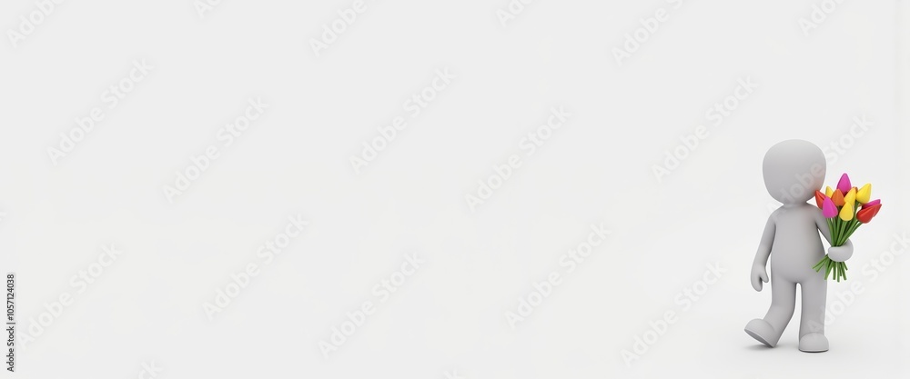 3D stick figure character holding a bouquet, kindness symbol for ...