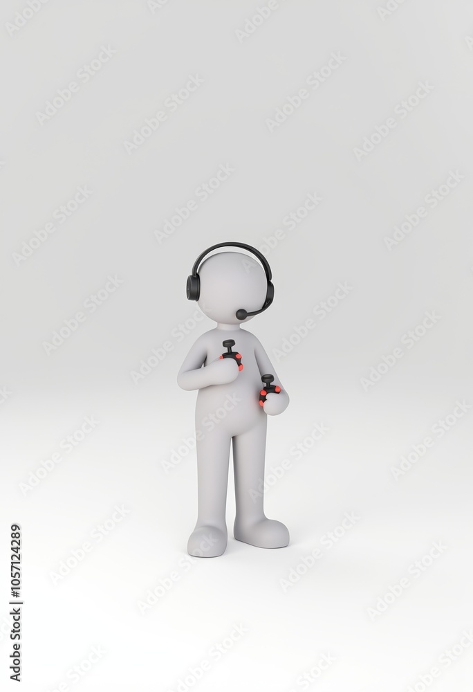 3D stick figure gamer character with headset and joystick, ready for e ...