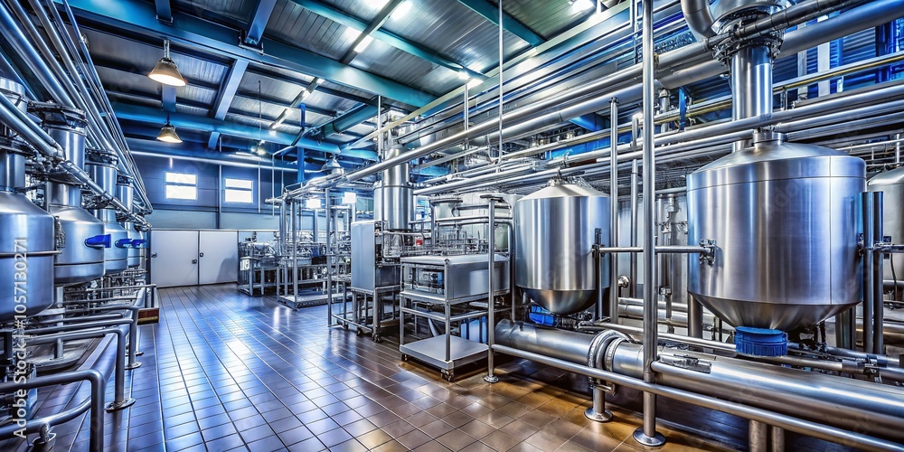 Modern Dairy Production Facility with Steel Pipelines and Vats for ...
