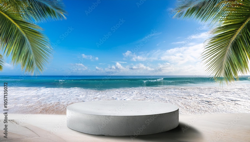 Tropical beach background with a circular concrete podium, blue ocean ...