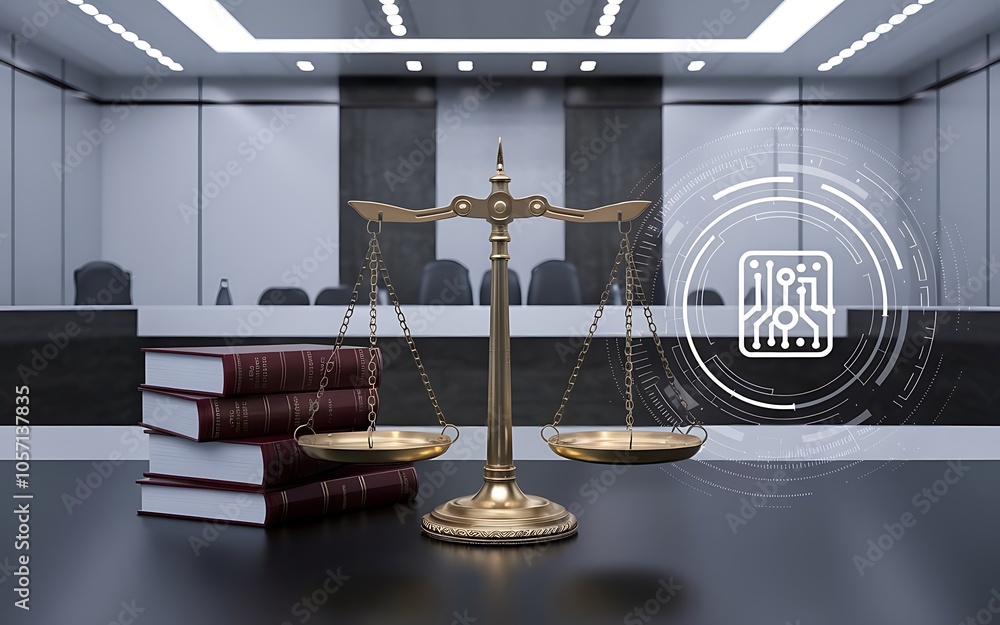 The Future of Justice: A golden scale of justice stands in a modern ...
