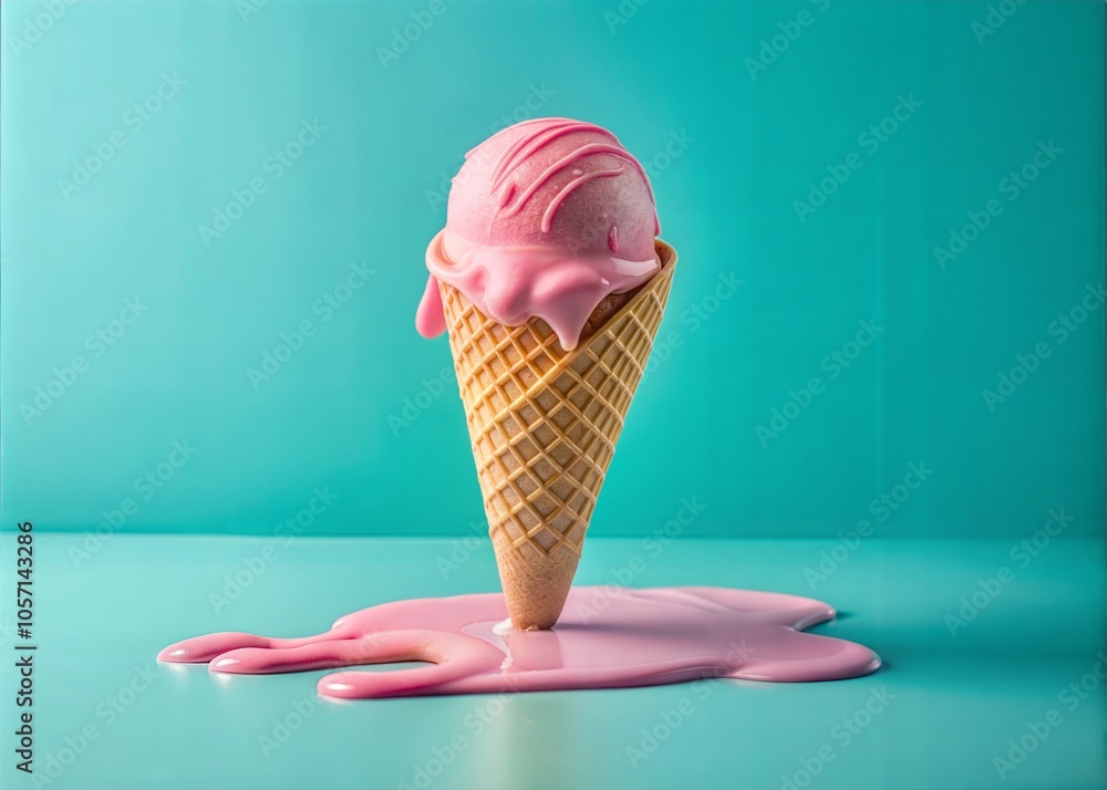Pink ice cream melting and spilling from the waffle cone on pastel blue ...