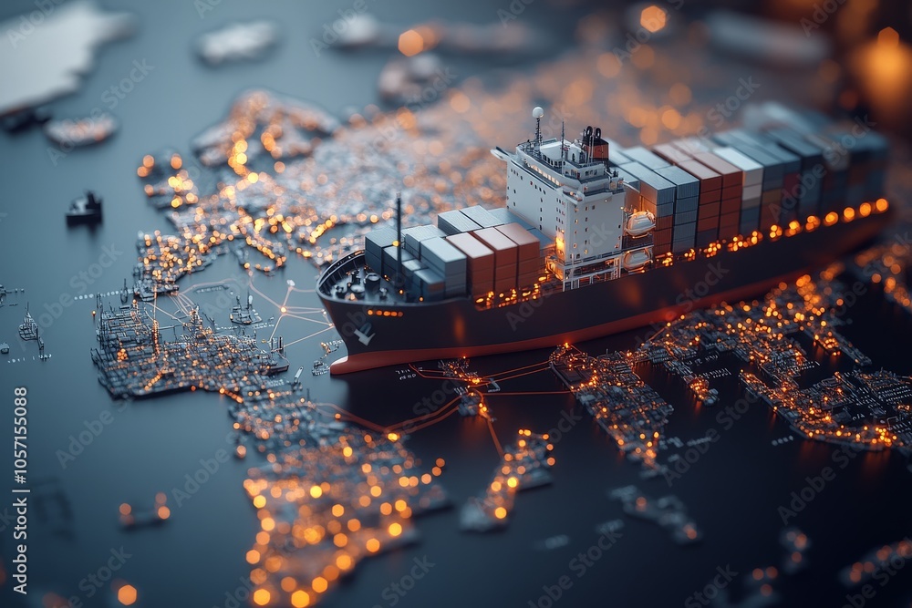 A visualization of a large container ship cruising across a digital ...