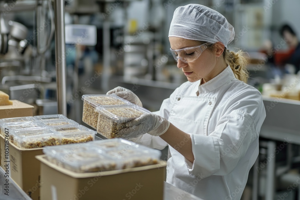 Technician inspecting food packaging in a factory, quality control ...