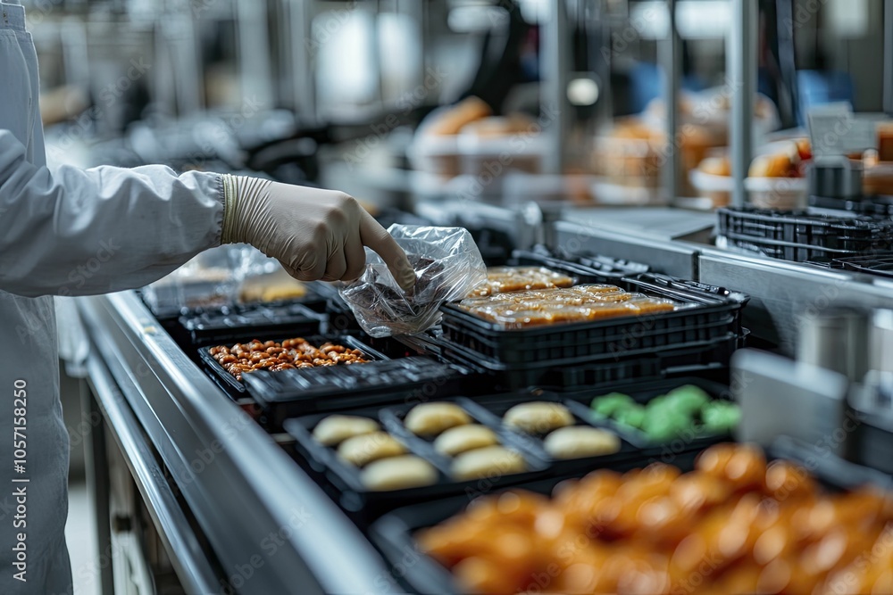 A worker packaging processed food products in a factory, efficient ...