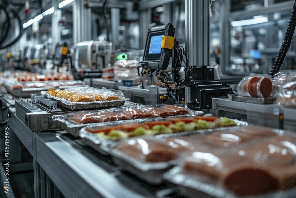 Automated packaging of processed food in a factory, high-tech machinery, quality control ...
