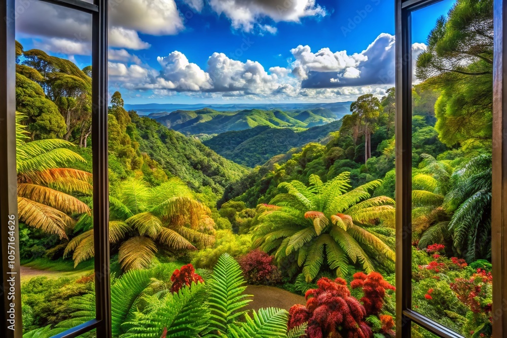 Scenic View of New Zealand Native Bush from a Window with Tree Ferns ...