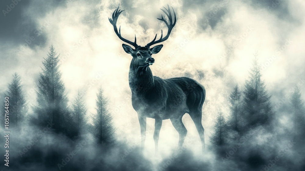 Majestic Stag in Pine Mist A strong, silhouetted stag stands tall with ...