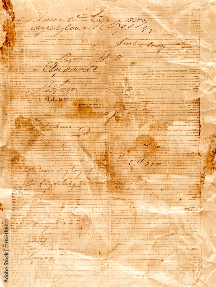Age-worn historical paper layered with stains and elegant cursive ...