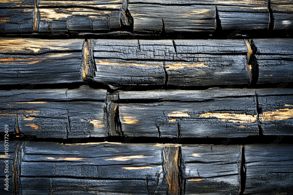 A high-resolution image of burnt wooden logs, displaying a complex ...