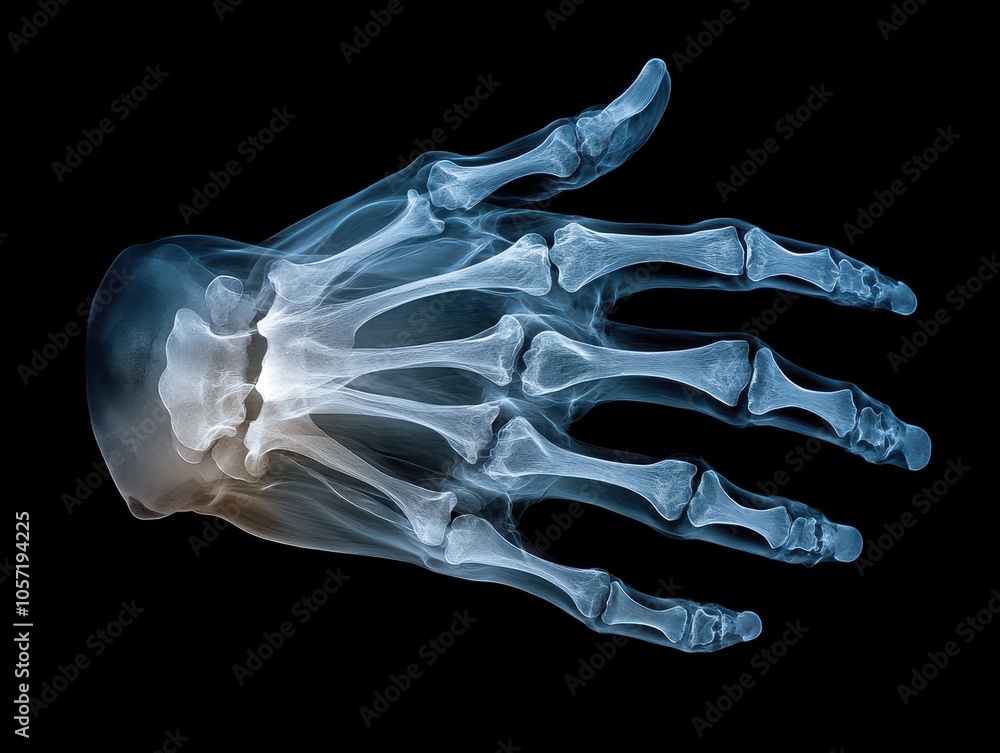 X-ray of a human hand, showing detailed bone structure, providing ...