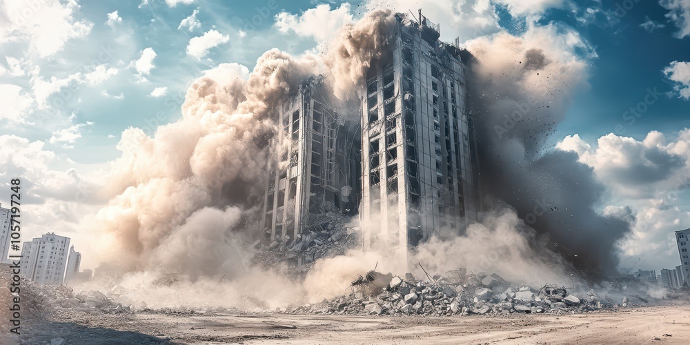Large building undergoing explosive demolition with massive dust clouds ...