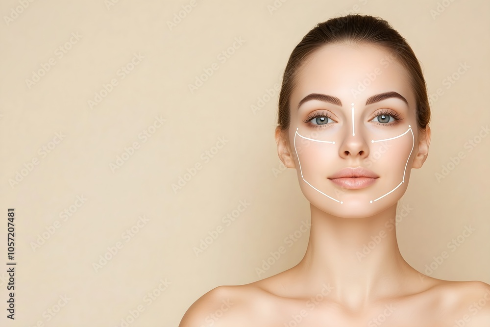Side view of woman face with white lifting marks on light background ...