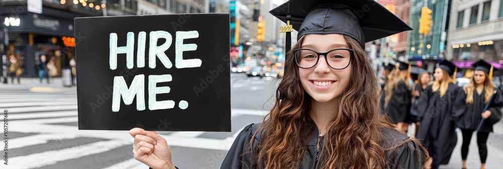 With a 'Hire Me' sign in hand, a graduating student dressed in ...
