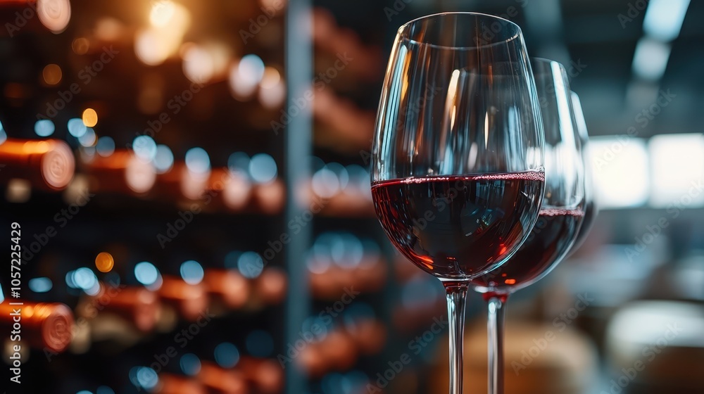 Artistic capture of wine glasses filled with red wine in an elegant ...