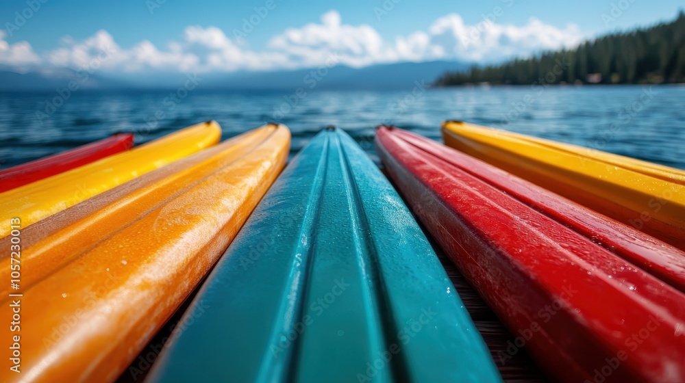 An array of vividly colored kayaks is lined up on a dock by a serene ...