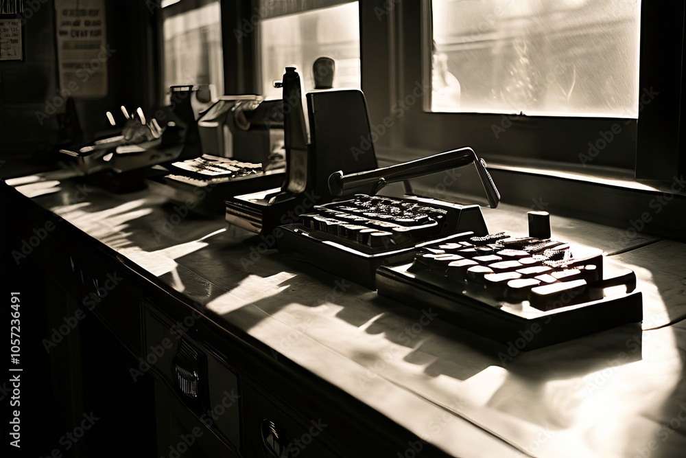 long thin shadows cast by the keys of a cash register on the cou Stock ...