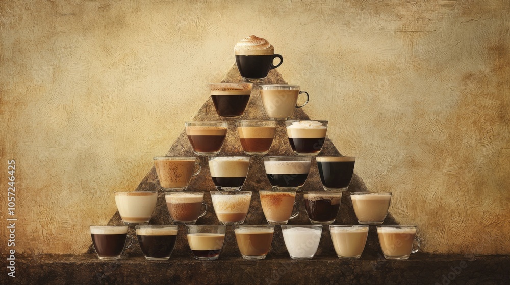 Layered pyramid of coffee drinks, from espresso to latte to cappuccino ...