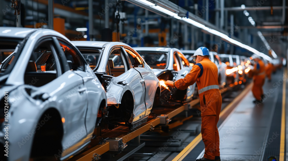 Automated assembly line in a modern car manufacturing factory with ...