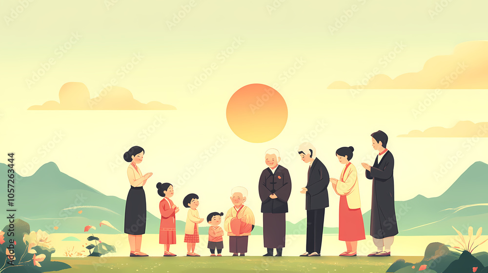 Heartwarming Family Tradition: Cartoon Illustration of Bowing to Elders ...