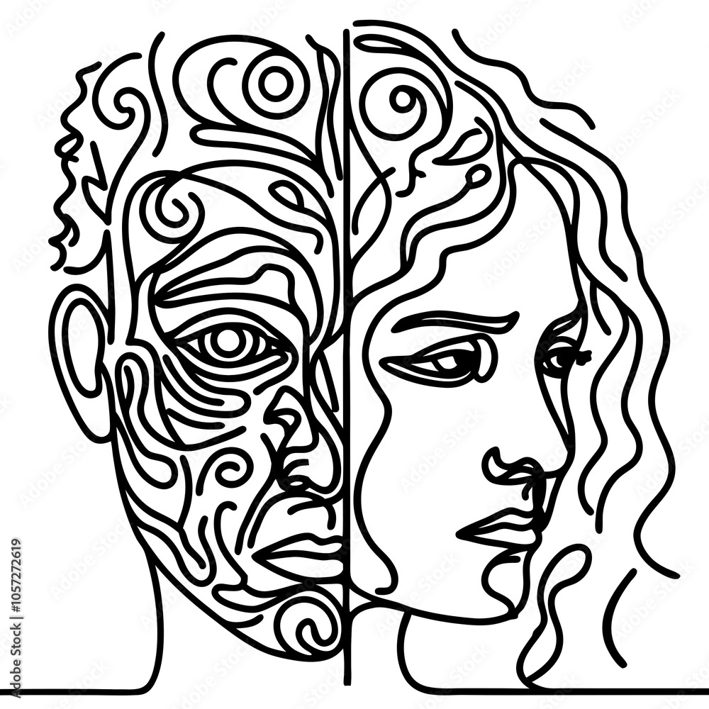Line drawing of dual faces illustrating contrasting emotions and inner ...