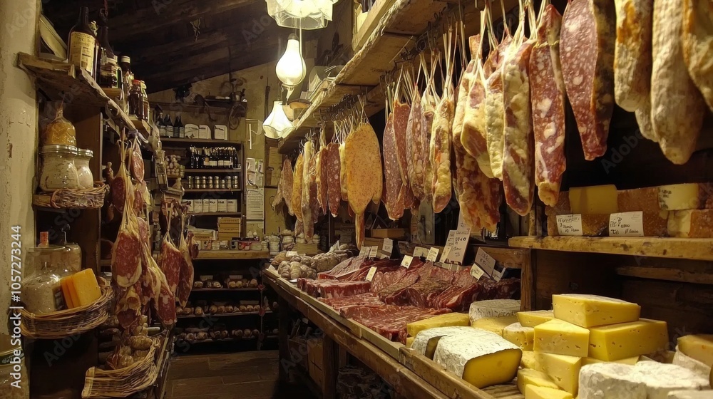 Italian butcher shop with cured meats hanging, cheeses on display, and ...