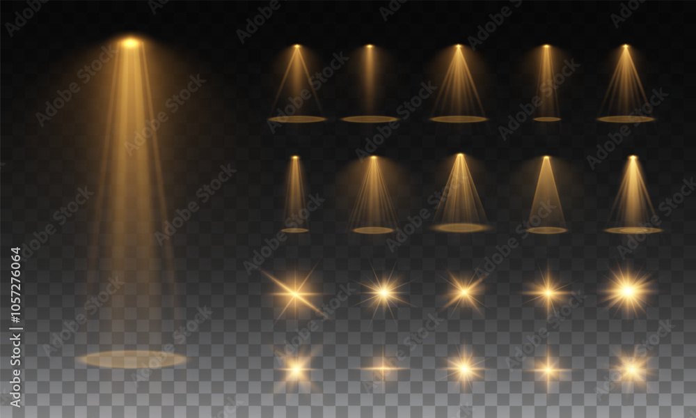 Yellow light effects. Beam from a spotlight and a star. Gold Shine ...