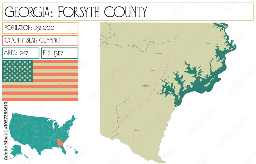 Poster Large and detailed map of Forsyth County in Georgia USA. – Wall ...
