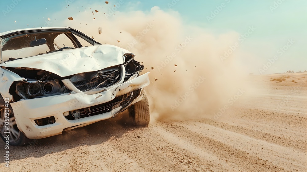 High speed car crash on a desert highway with sand and dust swirling ...