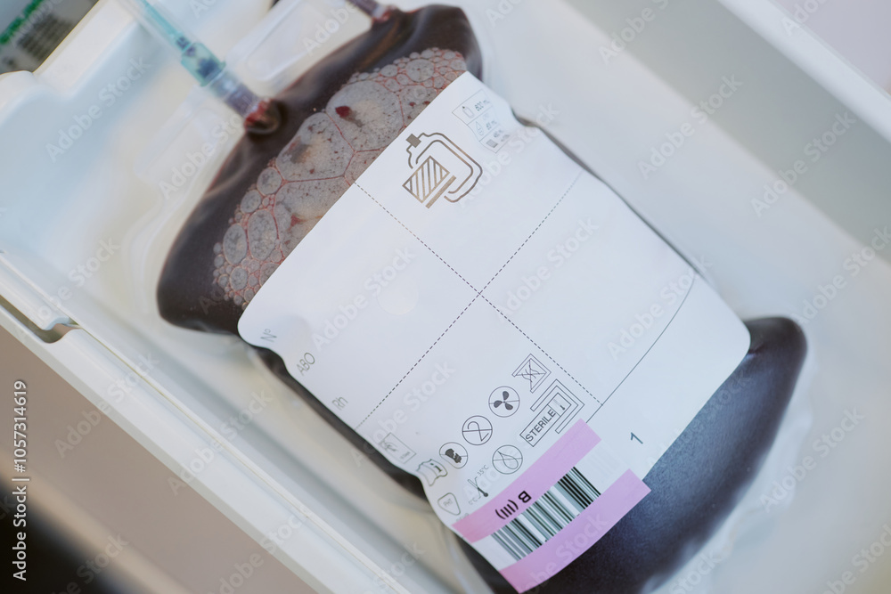 Medical blood bag filled with blood and attached identification label ...