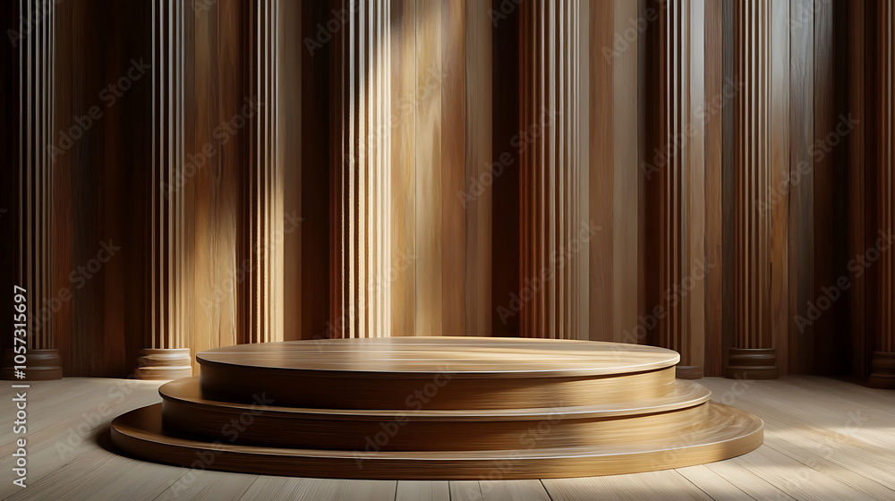 An announcement podium made of wood is placed on a wooden stage in a ...
