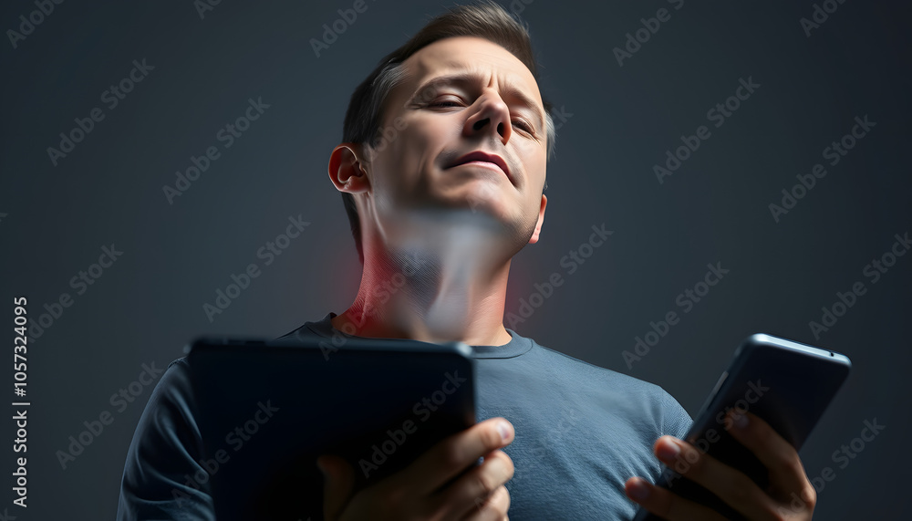 Man with bad case of Tablet Neck Syndrome which is a chronic pain ...