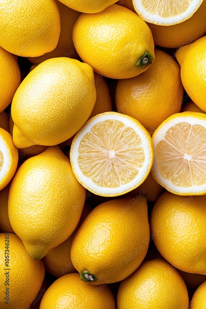 An organized pile of fresh lemons with bright yellow skin and cross ...