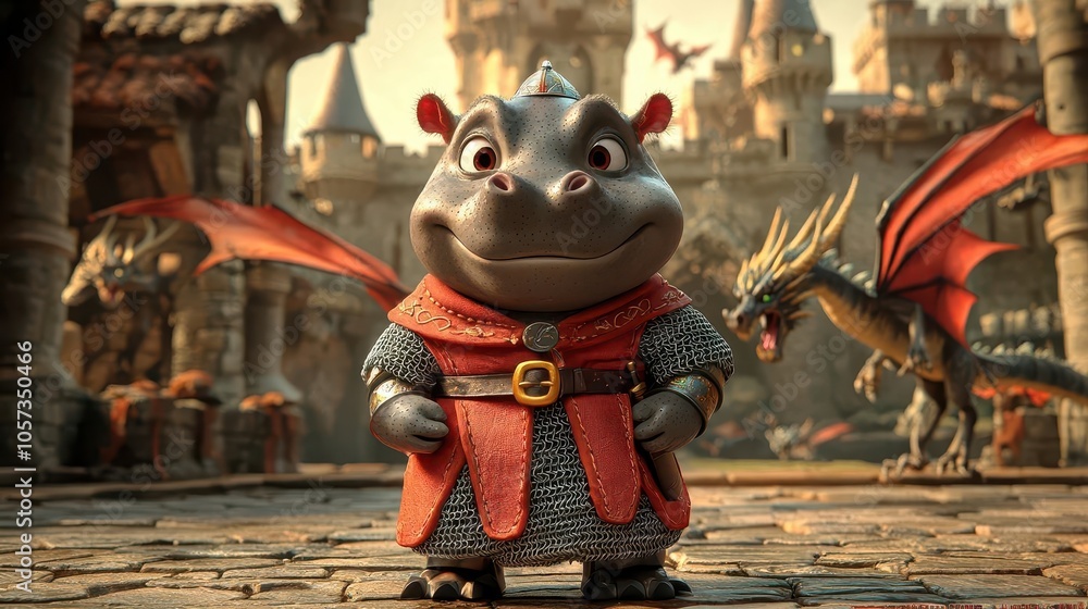Baby hippo dressed as a knight, smirking, vibrant 3D illustration ...