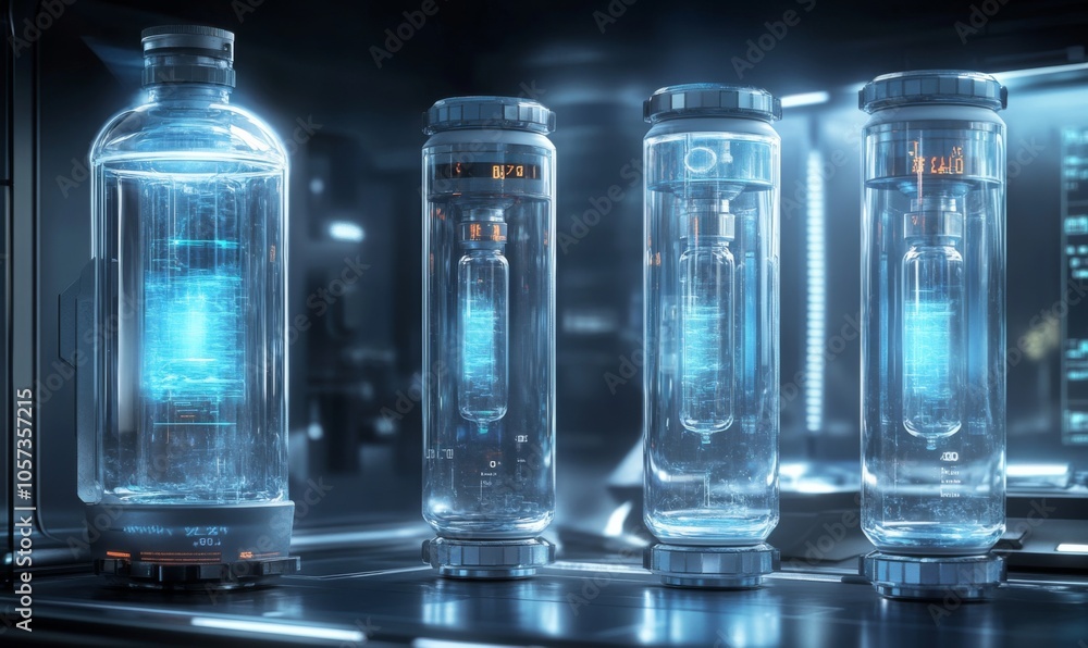 Cryonics capsules, empty and full futuristic containers, glass tubes ...