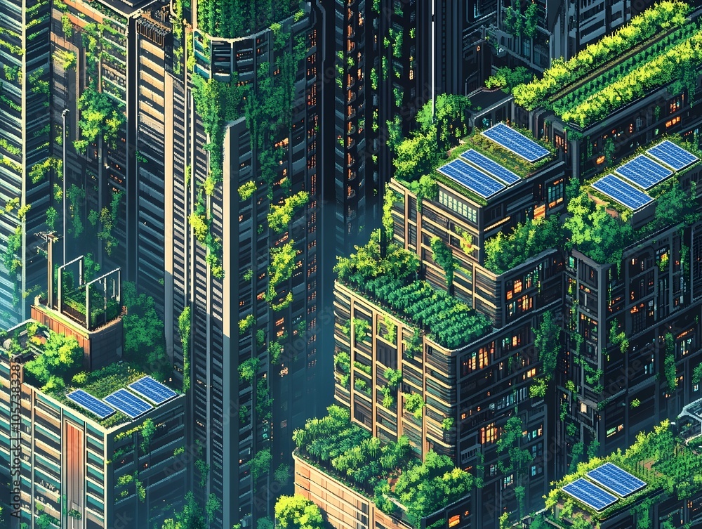 Sustainable Futuristic Pixel Art Metropolis with Towering Vertical ...