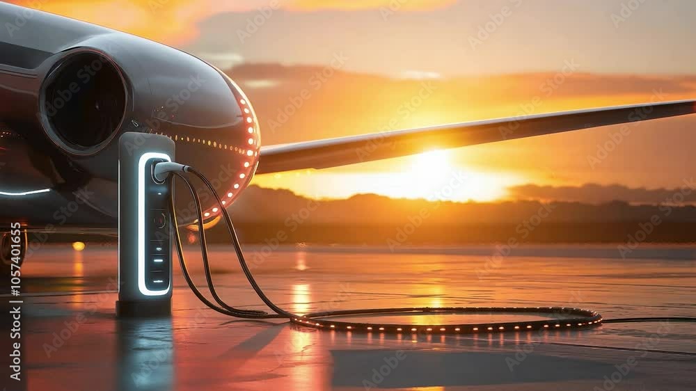 Close up of an electric aircraft charging port connected to a sleek ...