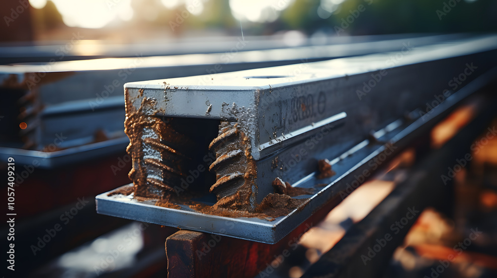 Close-up shot of steel beam at construction site highlighting details ...