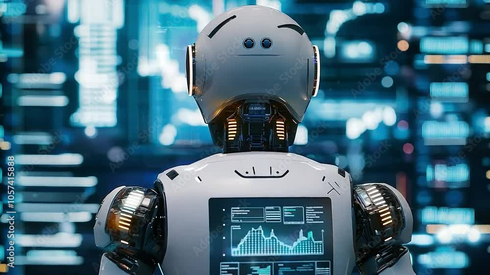 Back view of a robot standing in front of screen trading chart ...