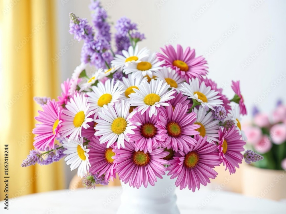 Beautiful bouquet of blue aster alpinus and purple violet daisies in a ...