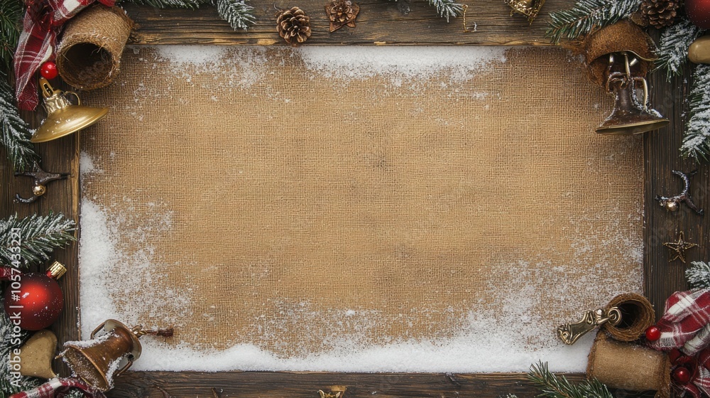 Framed border of rustic wood with Christmas elements like burlap, bells ...