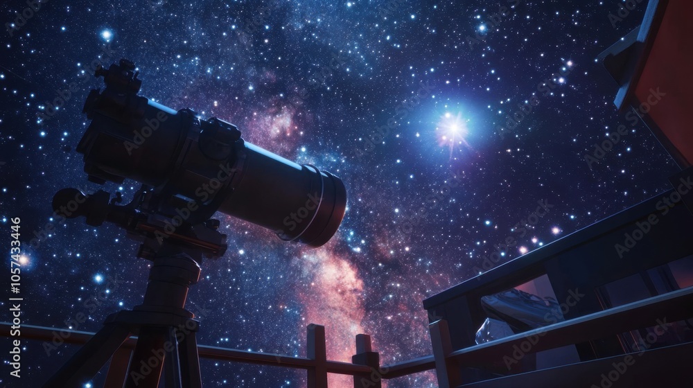 Astronomy: A realistic photo of a telescope set up on a rooftop ...