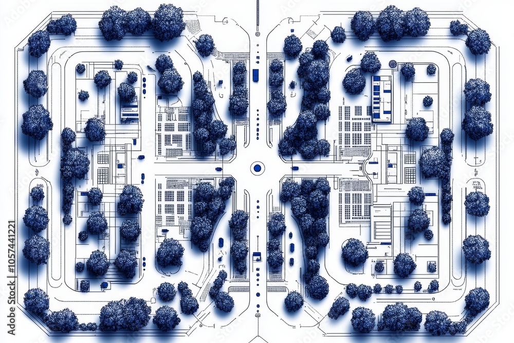 A cityscape blueprint with buildings, parks, and roads, showing the ...